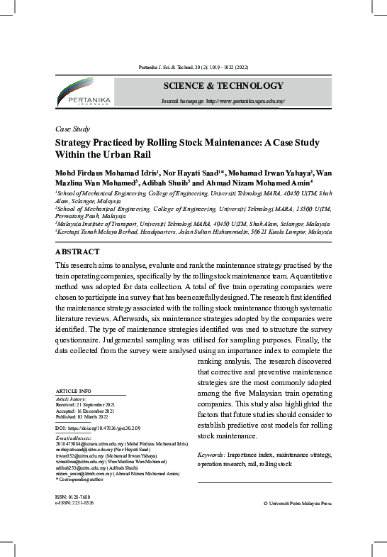 (PDF) Strategy Practiced by Rolling Stock Maintenance: A Case Study ...
