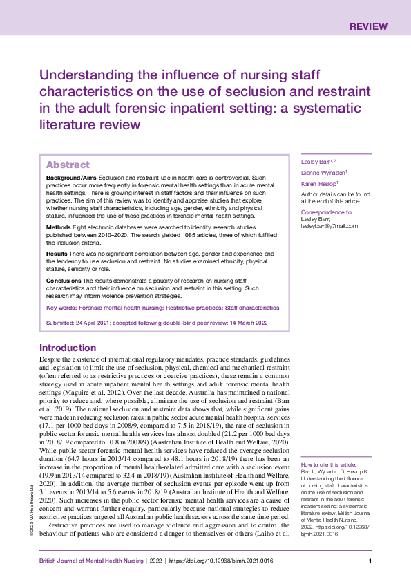 (PDF) Understanding the influence of nursing staff characteristics on the use of seclusion and ...