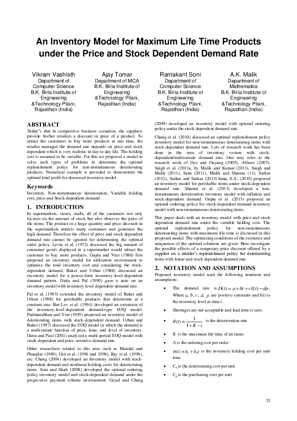 Pdf An Inventory Model For Maximum Life Time Products Under The Price And Stock Dependent