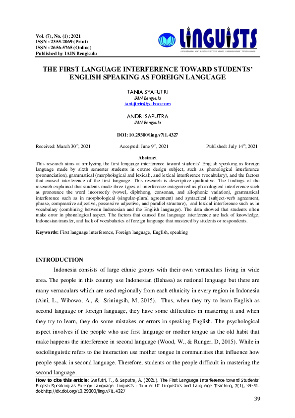 (PDF) The First Language Interference toward Students’ English Speaking ...