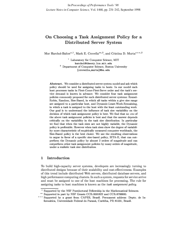 (PDF) On Choosing a Task Assignment Policy for a Distributed Server System | Mor Harchol-balter ...