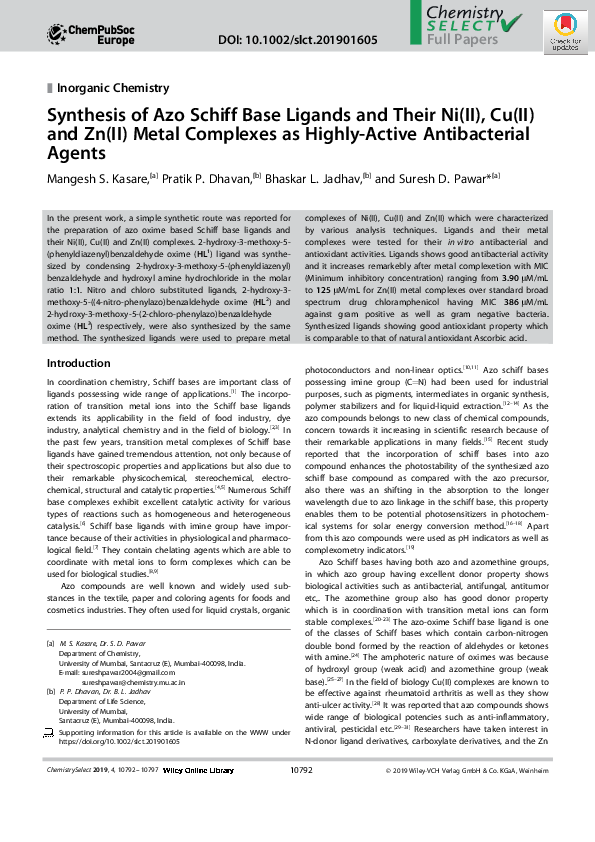 (PDF) Synthesis of Azo Schiff Base Ligands and Their Ni(II), Cu(II) and Zn(II) Metal Complexes ...