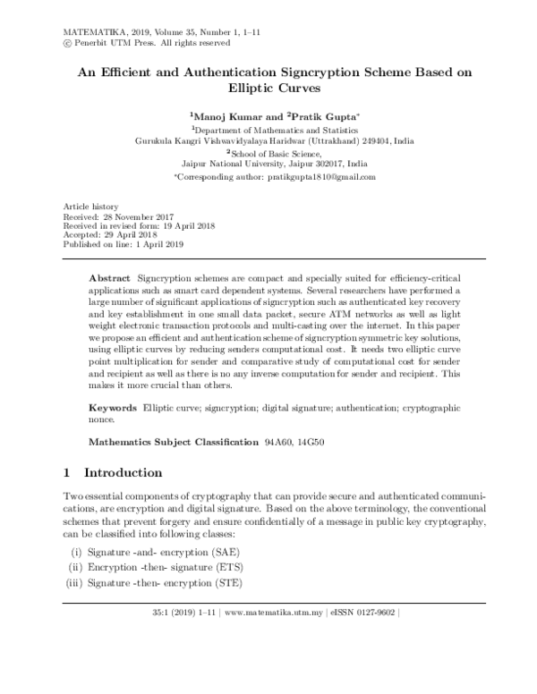 Pdf An Efficient And Authentication Signcryption Scheme Based On Elliptic Curves