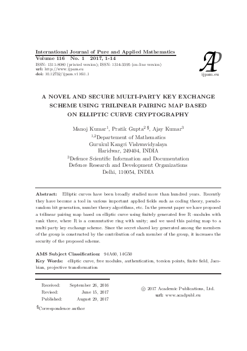 (PDF) A Novel and Secure Multi-Party Key Exchange Scheme Using Trilinear Pairing Map Based on ...