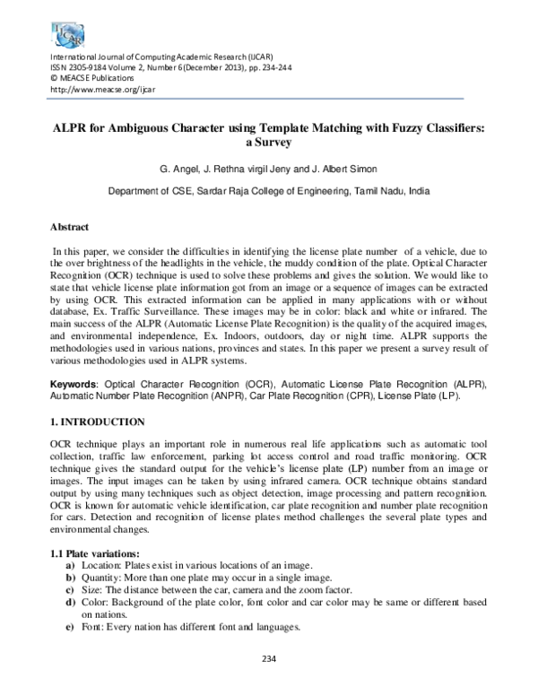 (PDF) ALPR for Ambiguous Character using Template Matching with Fuzzy Classifiers : a Survey ...