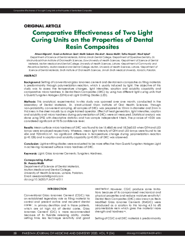 Pdf Comparative Effectiveness Of Two Light Curing Units On The Properties Of Dental Resin
