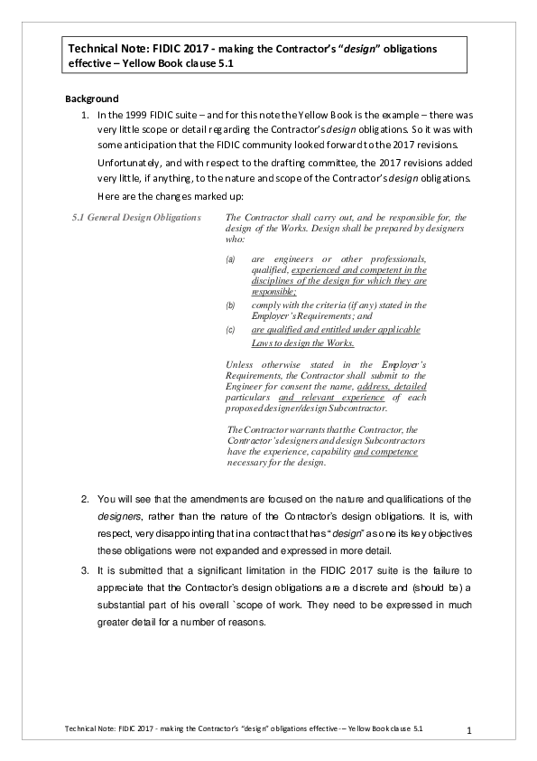 (PDF) Technical Note: FIDIC 2017 -making the Contractor's "design" obligations effective--Yellow ...