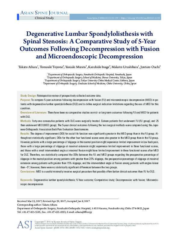 (PDF) Degenerative Lumbar Spondylolisthesis With Spinal Stenosis, A ...