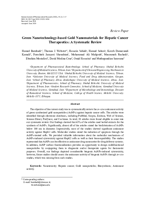 (PDF) Green Nanotechnology-based Gold Nanomaterials for Hepatic Cancer ...