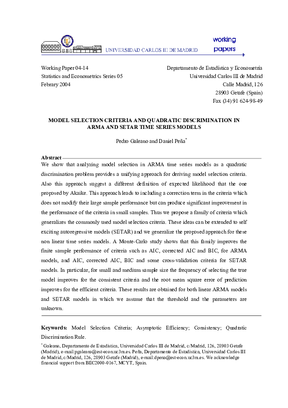 Pdf Model Selection Criteria And Quadratic Discrimination In Arma And Setar Time Series Models