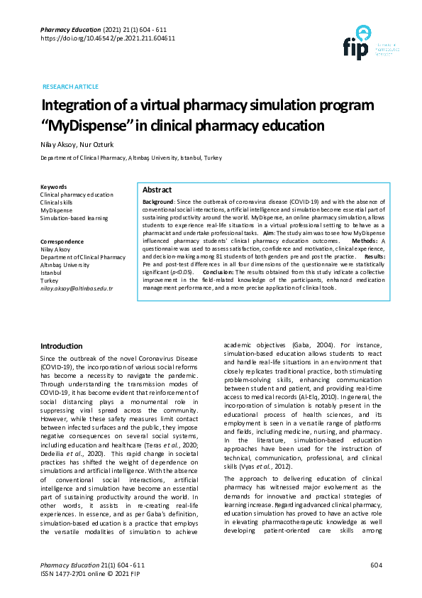 (PDF) Integration of a virtual pharmacy simulation program “MyDispense ...