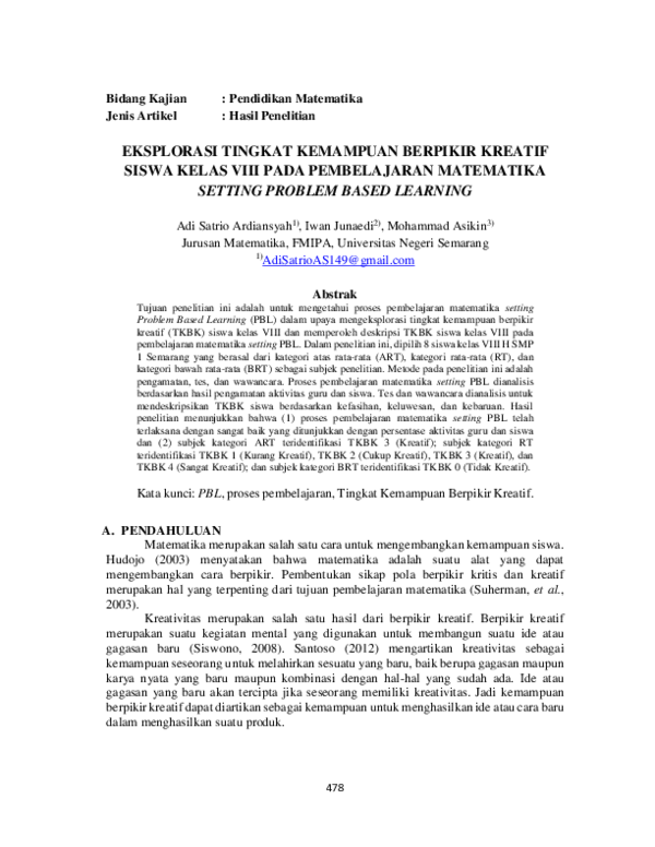(PDF) Eksplorasi Tingkat Kemampuan Berpikir Kreatif Siswa Kelas VIII Pada Pembelajaran ...
