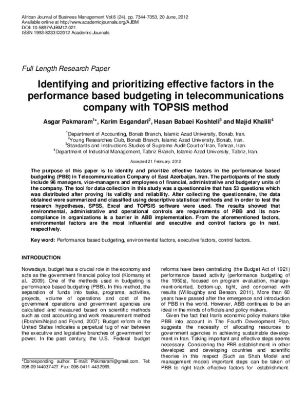 (PDF) Identifying and prioritizing effective factors in the performance ...
