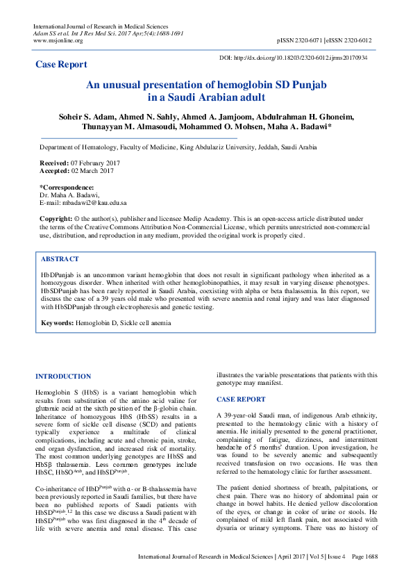 (PDF) An unusual presentation of hemoglobin SD Punjab in a Saudi ...