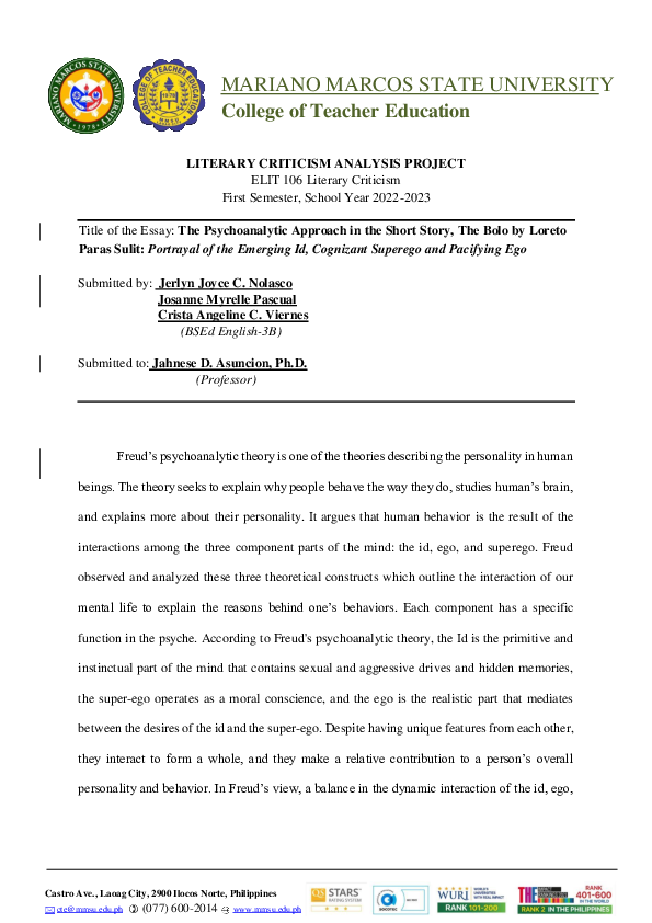 (PDF) The Psychoanalytic Approach in the Short Story, The Bolo by ...