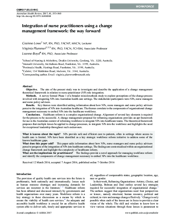 (PDF) Integration of nurse practitioners using a change management ... (PDF) Integration of nurse practitioners using a change management ...