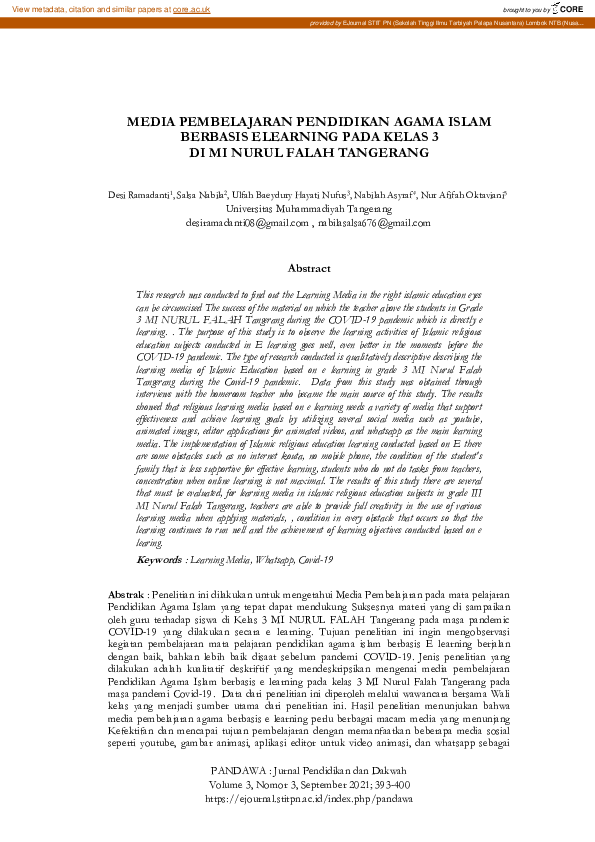 (PDF) Media Pembelajaran Pendidikan Agama Islam Berbasis Elearning pada Kelas 3 di MI Nurul ...