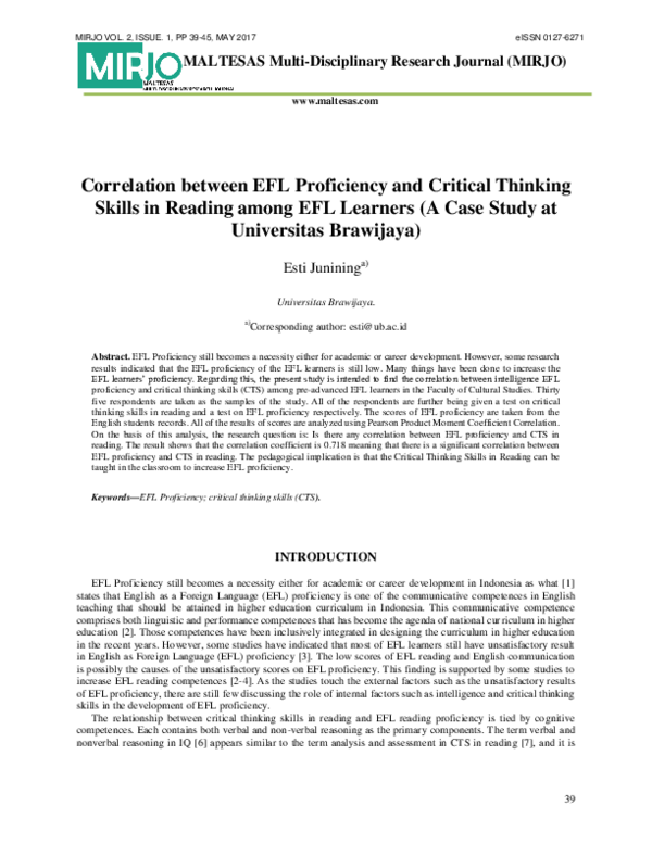 (PDF) Correlation between EFL Proficiency and Critical Thinking Skills in Reading among EFL ...