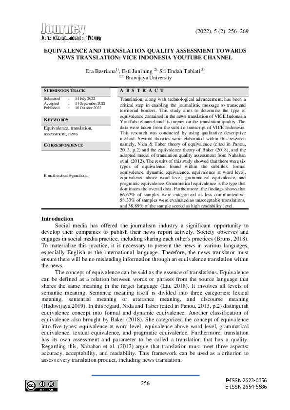 (PDF) Equivalence and Translation Quality Assessment towards News ...