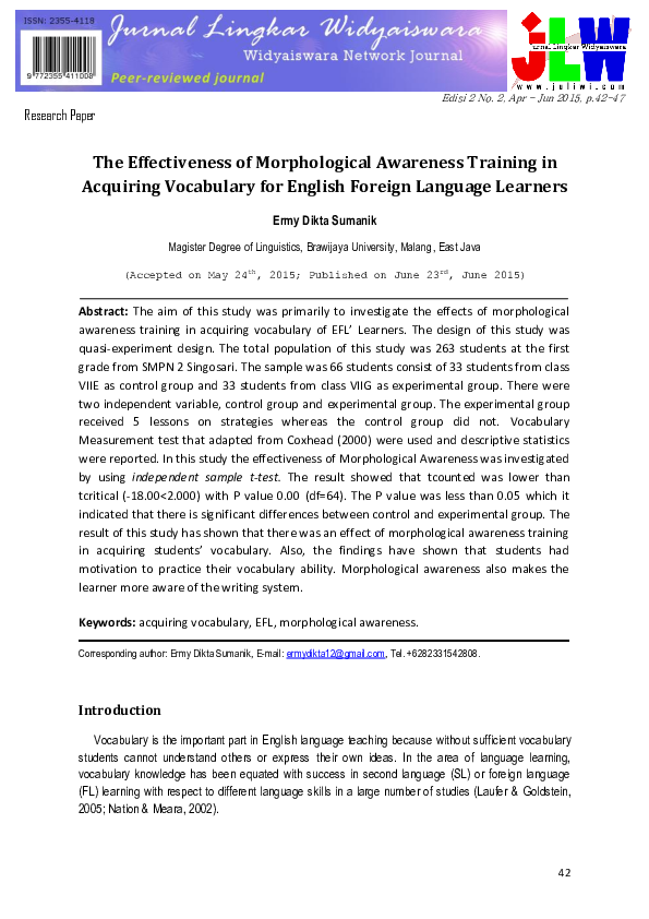 (PDF) The Effectiveness Of Morphological Awareness Training In Acquiring Vocabulary For English ...
