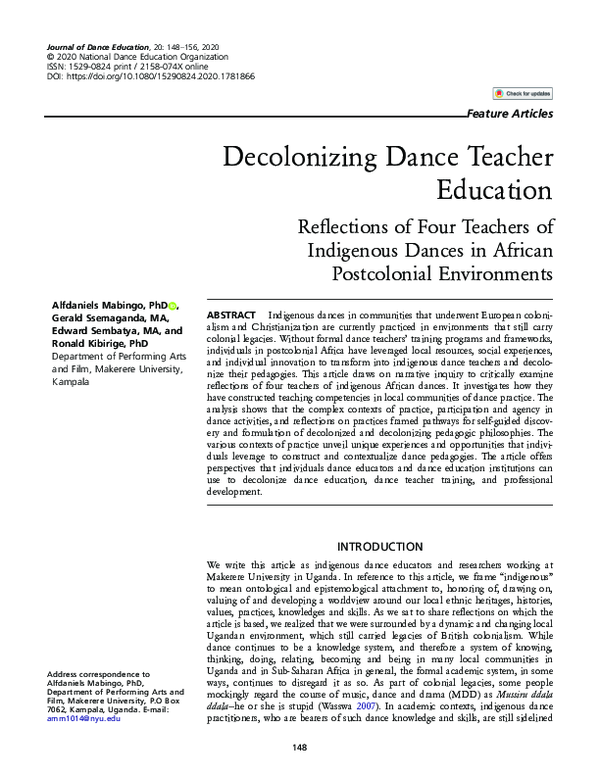 (PDF) Decolonizing Dance Teacher Education