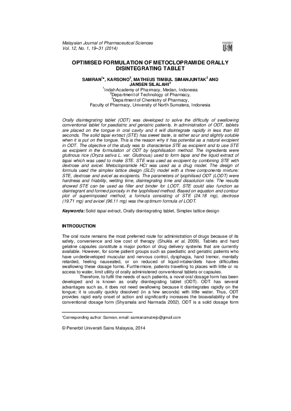 (PDF) OPTIMISED FORMULATION OF METOCLOPRAMIDE ORALLY DISINTEGRATING TABLET