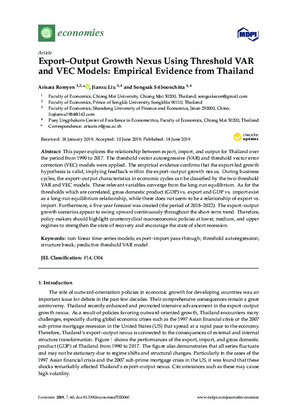 (PDF) Export–Output Growth Nexus Using Threshold VAR and VEC Models: Empirical Evidence from ...