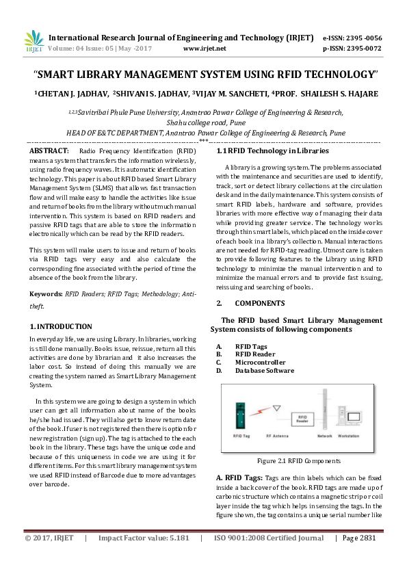 (PDF) Smart Library Management System Using Rfid Technology