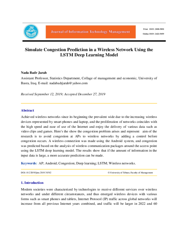 Pdf Simulate Congestion Prediction In A Wireless Network Using The Lstm Deep Learning Model