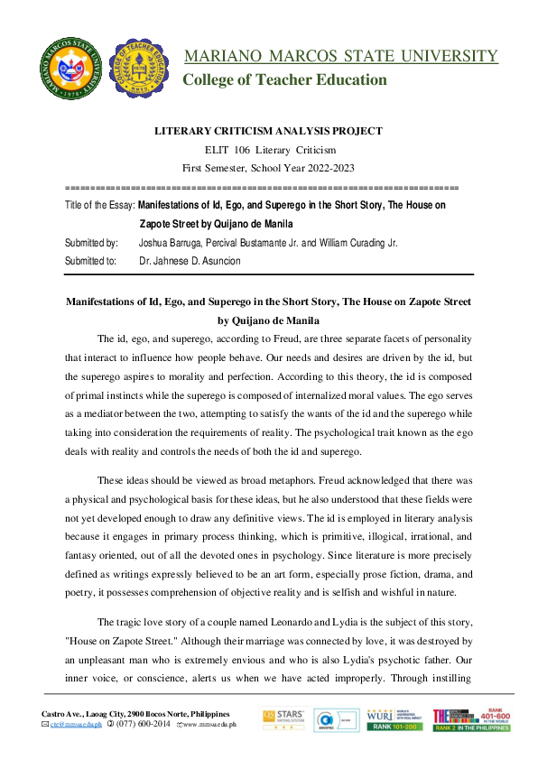 (PDF) Manifestations of Id, Ego, and Superego in the Short Story, The ...
