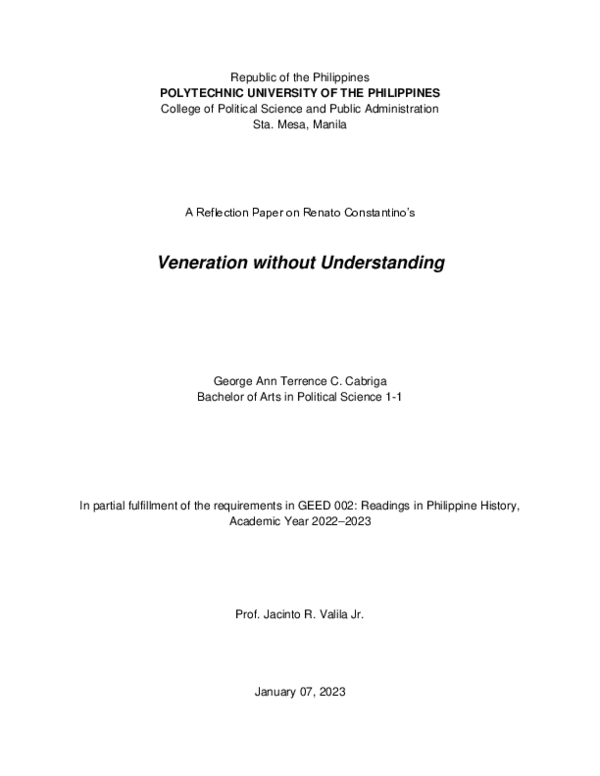 (PDF) Reflection Paper: Veneration Without Understanding by Renato ...