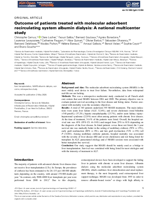 (PDF) Outcome of patients treated with molecular adsorbent recirculating system albumin dialysis ...
