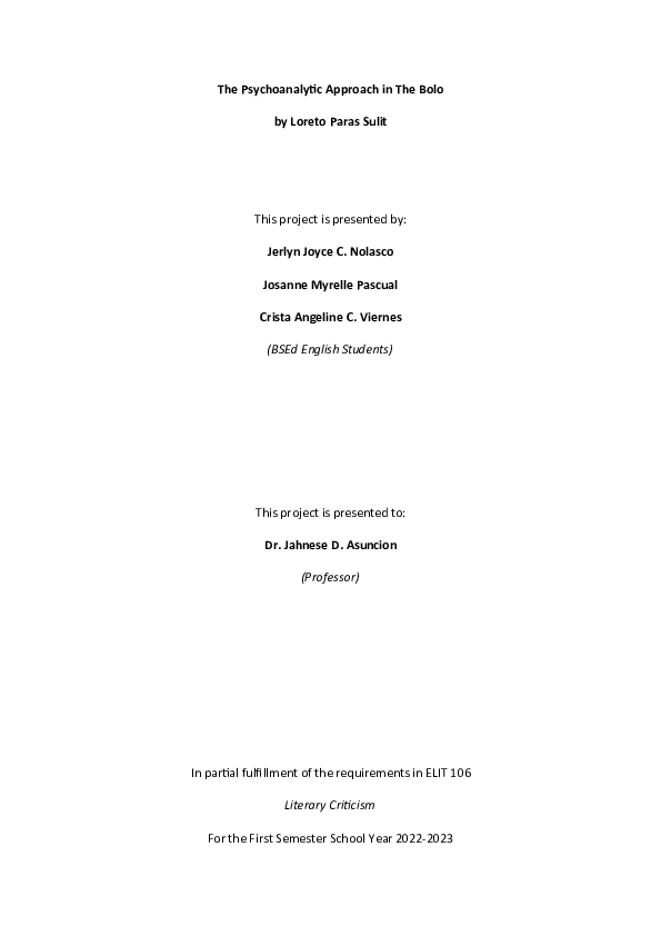 (DOC) The Psychoanalytic Approach in The Bolo by Loreto Paras Sulit ...