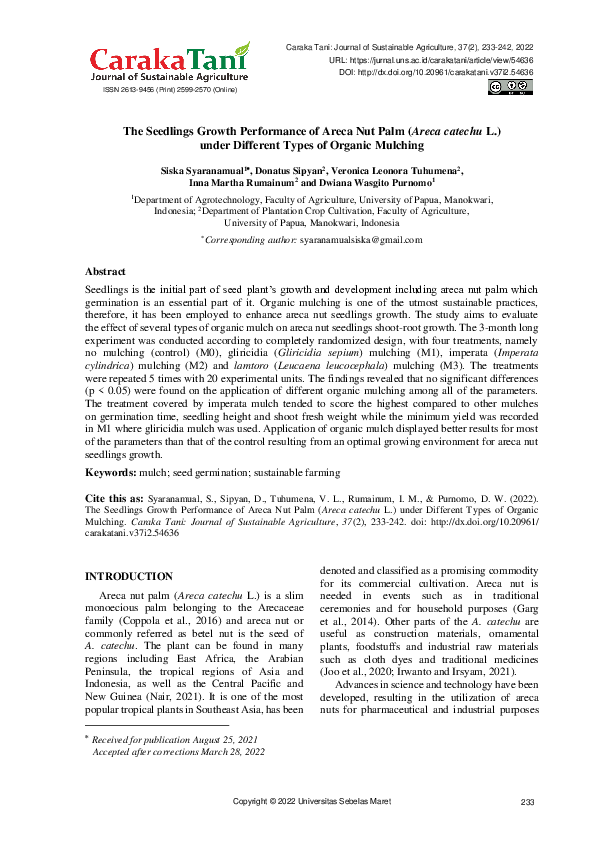 (PDF) The Seedlings Growth Performance of Areca Nut Palm (Areca catechu L.) under Different ...