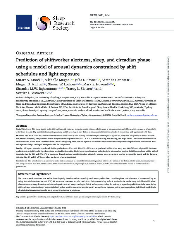 Pdf Prediction Of Shiftworker Alertness Sleep And Circadian Phase Using A Model Of Arousal