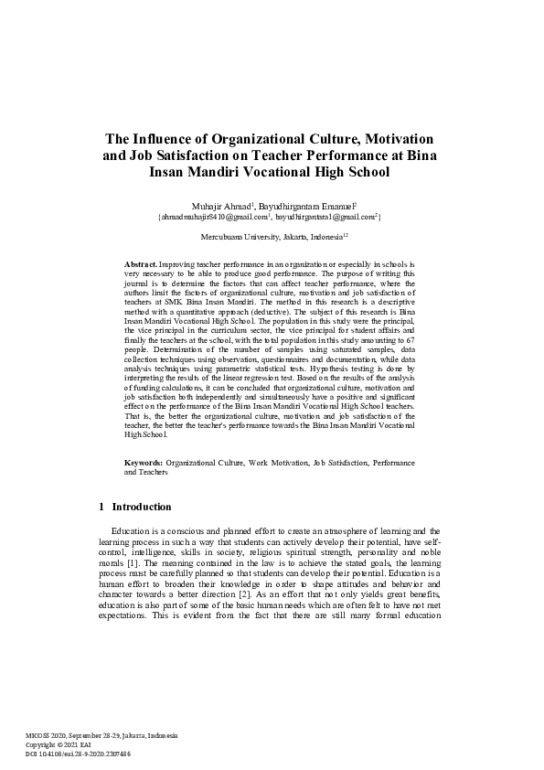 (PDF) The Influence of Organizational Culture, Motivation and Job Satisfaction on Teacher ...