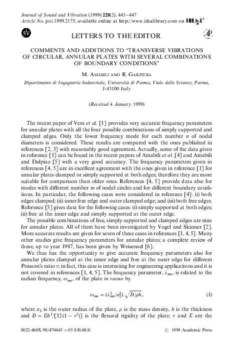 Pdf Comments And Additions To “transverse Vibrations Of Circular Annular Plates With Several