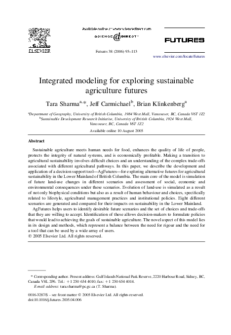 (PDF) Integrated modeling for exploring sustainable agriculture futures (PDF) Integrated modeling for exploring sustainable agriculture futures