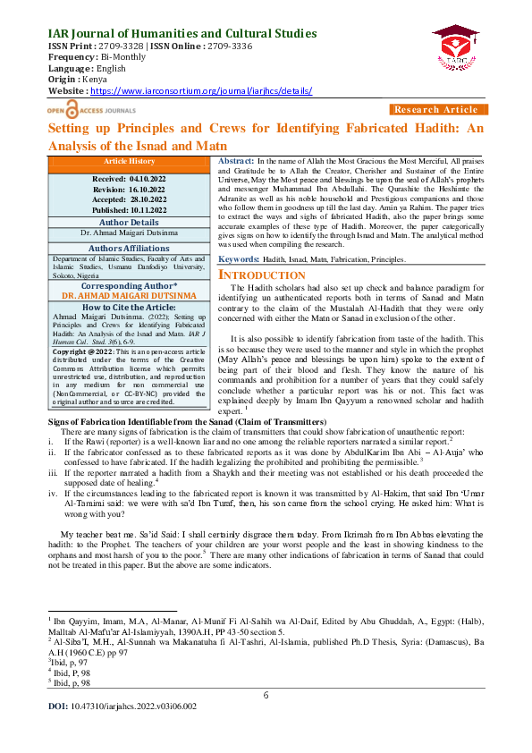 (PDF) Setting up Principles and Crews for Identifying Fabricated Hadith: An Analysis of the ...