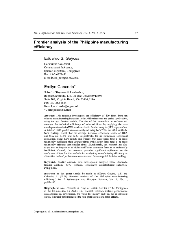 (PDF) Frontier analysis of the Philippine manufacturing efficiency