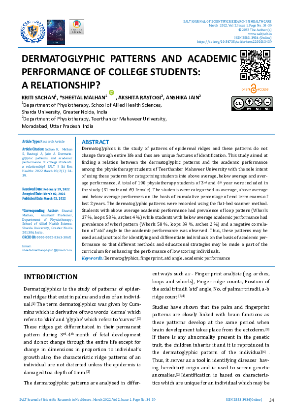 (PDF) Dermatoglyphic patterns and academic performance of college ...