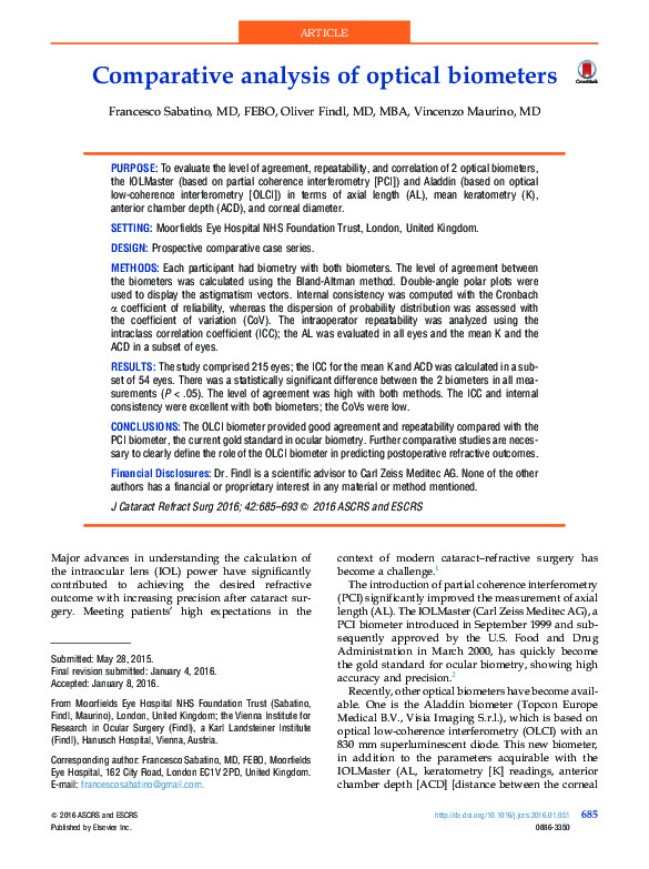 (PDF) Comparative analysis of optical biometers