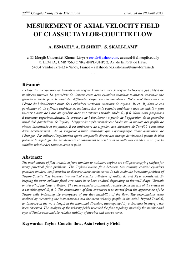 (PDF) Mesurement of Axial Velocity Field of Classic Taylor-Couette Flow