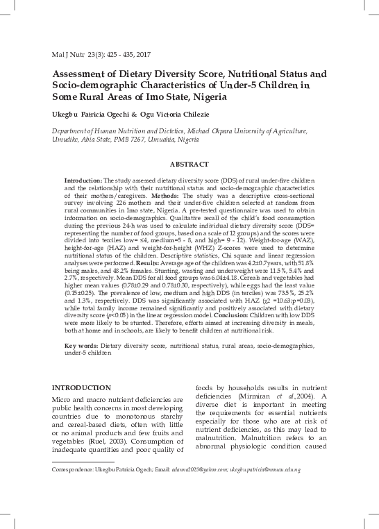 (PDF) Assessment of Dietary Diversity Score , Nutritional Status and ...
