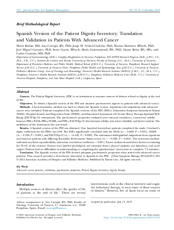 (PDF) Spanish Version of the Patient Dignity Inventory: Translation and ...