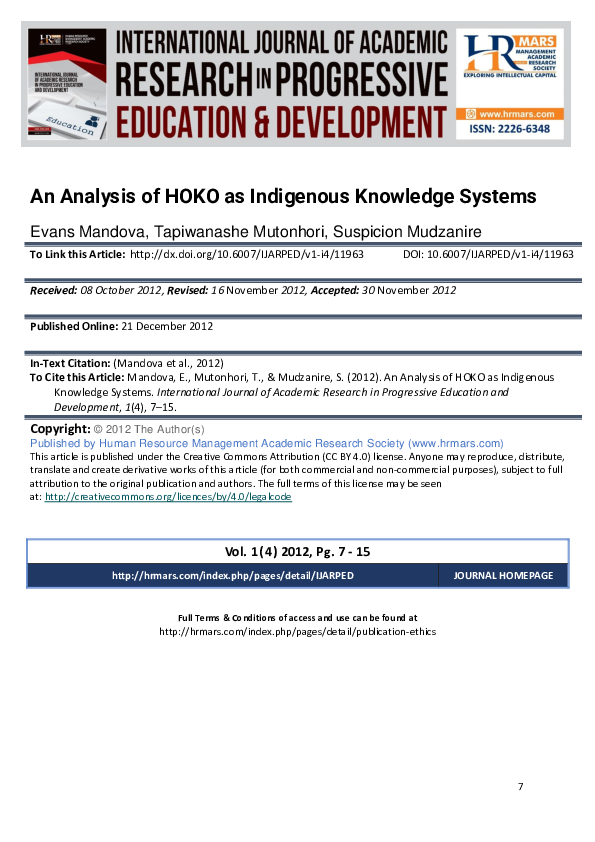(PDF) An Analysis of HOKO as Indigenous Knowledge Systems