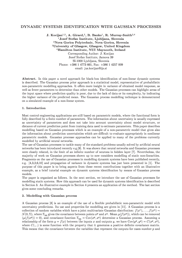 (PDF) Dynamic systems identification with Gaussian processes (PDF) Dynamic systems identification with Gaussian processes