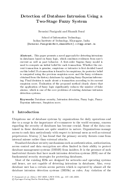(PDF) Detection of Database Intrusion Using a Two-Stage Fuzzy System | Suvasini Panigrahi ...
