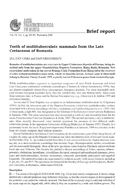 (PDF) Teeth of multituberculate mammals from the Late Cretaceous of Romania