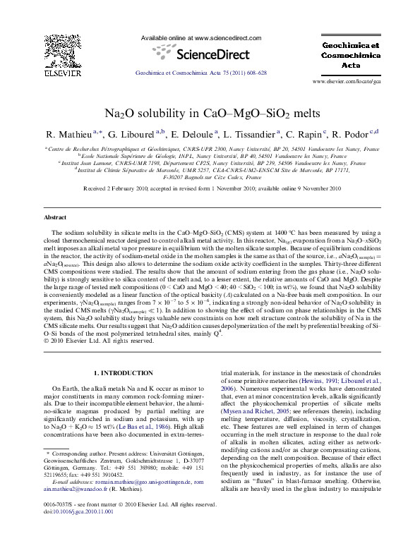 (PDF) Na2O solubility in CaO–MgO–SiO2 melts